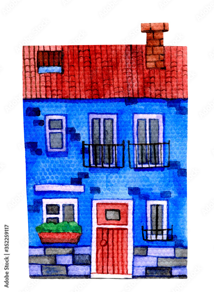 Blue house with a tiled roof. Watercolor stock illustration. Two-storey ...