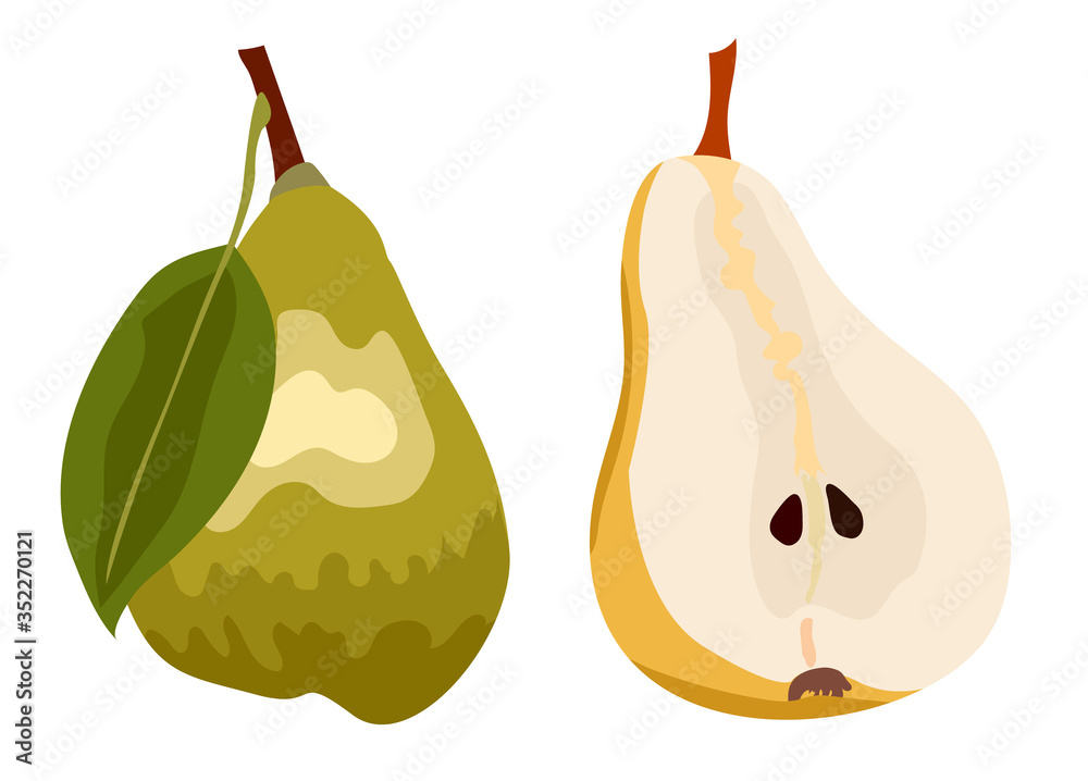 Green pear isolated on white background. Cross section of cut pear and ...