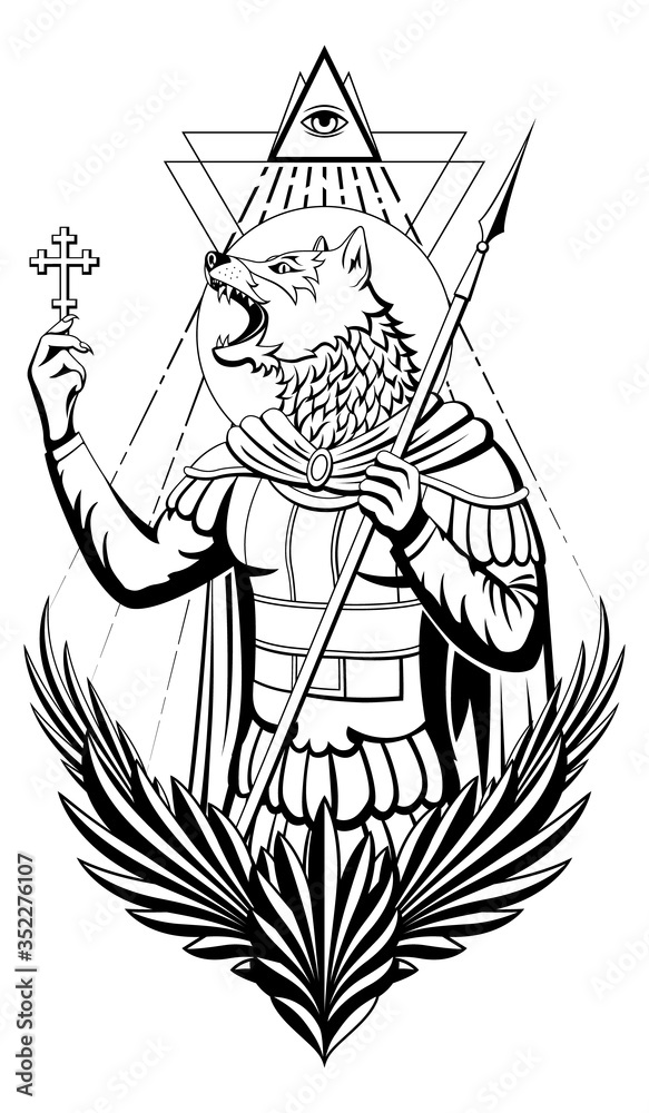 Saint Christopher is depicted with the head of a dog and holds a cross ...