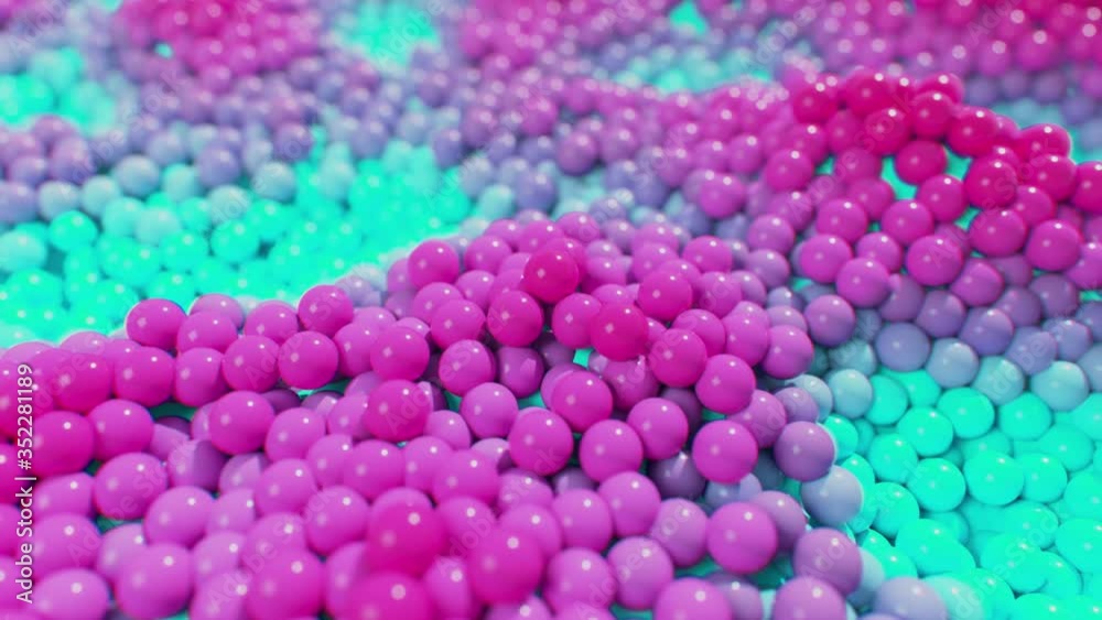 Dynamic bright balls on a moving wave surface. Seamless loop 3d render ...