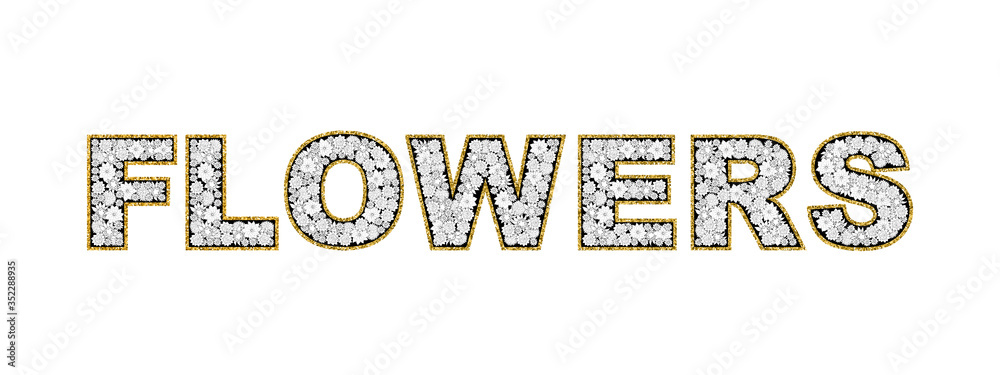 Hand drawn floral alphabet design. Gold glittering contour. FLOWERS ...