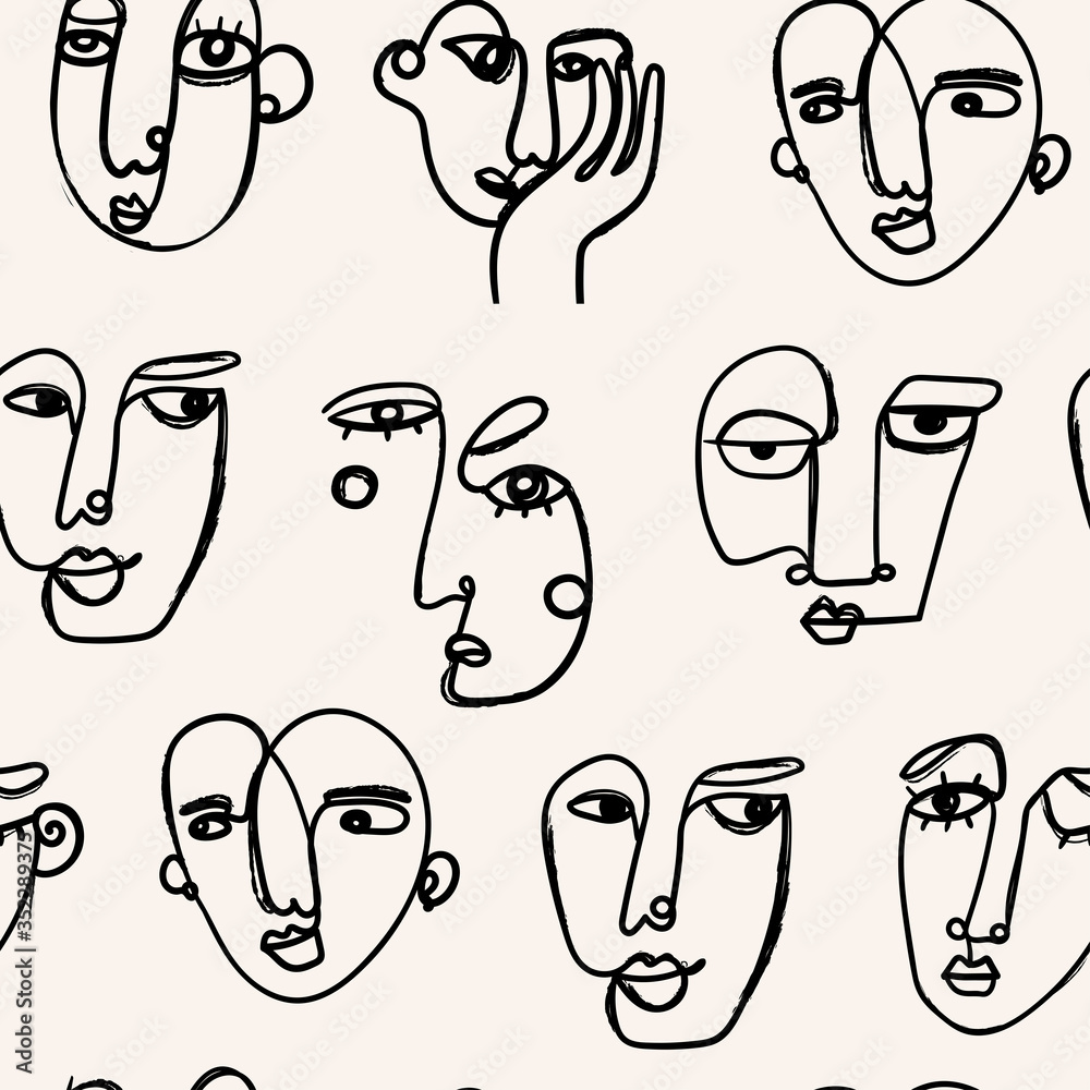 Modern abstract Faces. Various face expressions. Hand drawn Outline ...