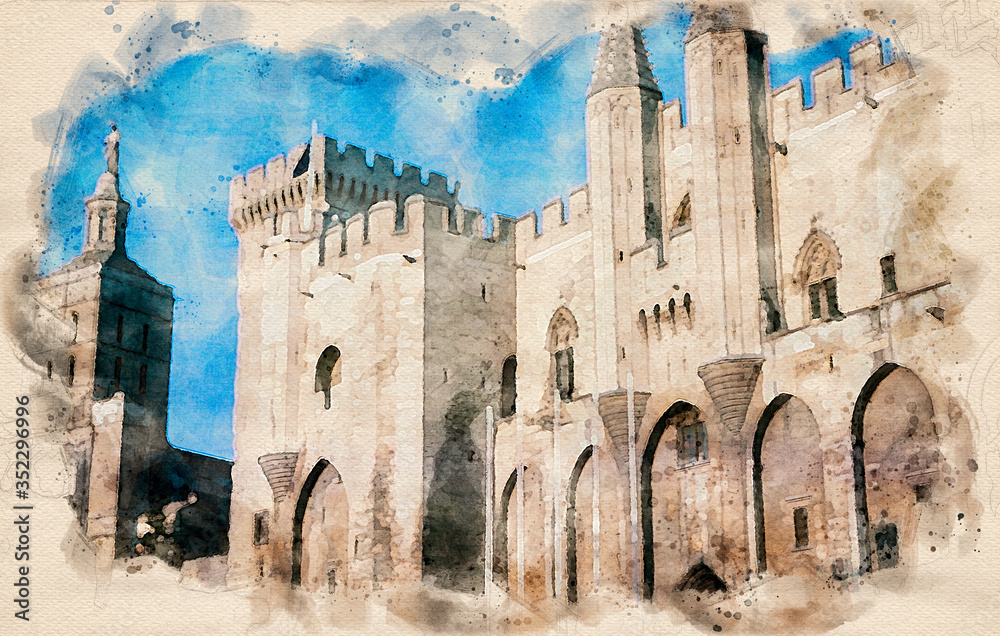 Watercolor painting of the entrance to the Palace of the Popes in ...