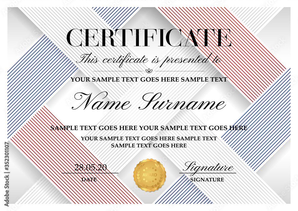 Certificate template with diagonal line pattern (in red, blue, silver ...