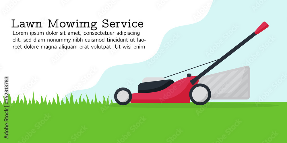 Flat vector illustration of lawn mower. Modern lawnmower cutting green ...