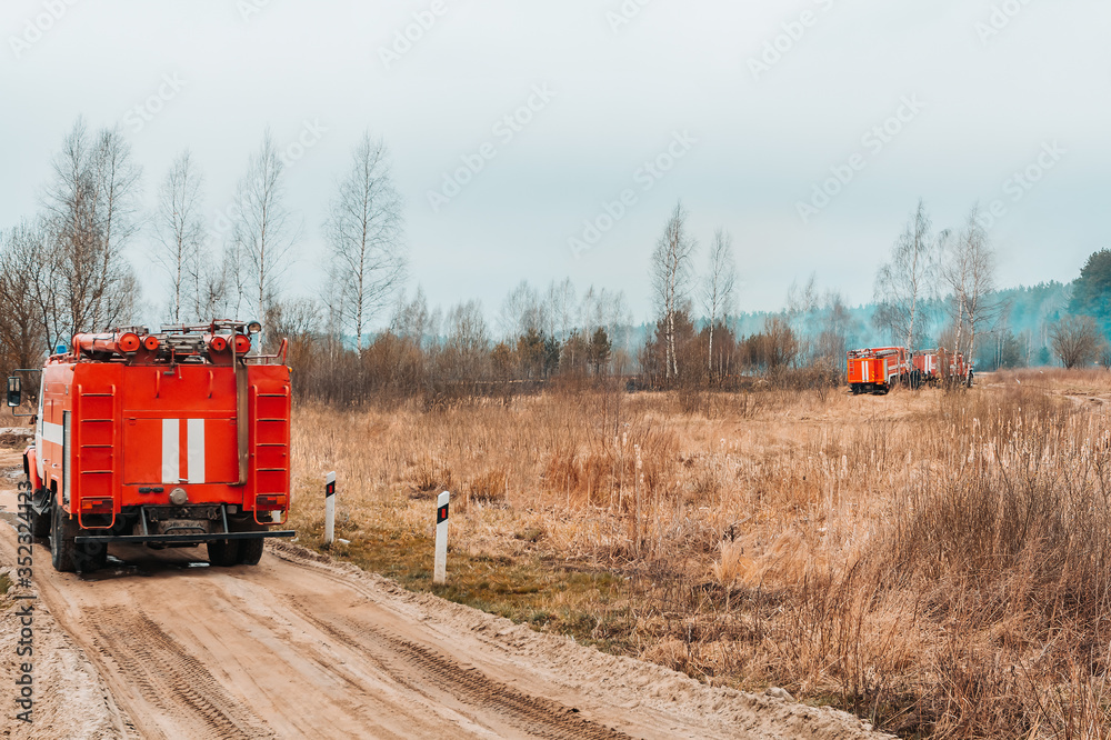Fire engines on nature extinguishes forest fire. Heavy smoke from ...