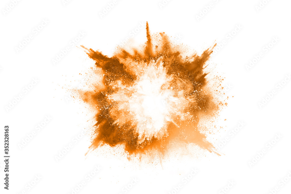 Brown color powder explosion on white background. Colored cloud ...