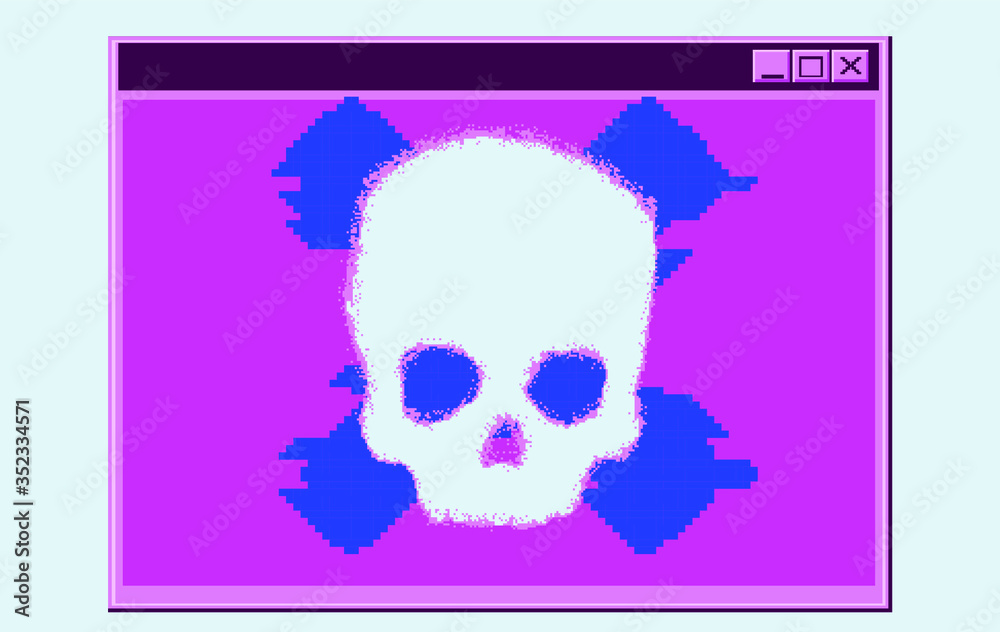 Alert notification on computer in retro pixel art style. Malware ...
