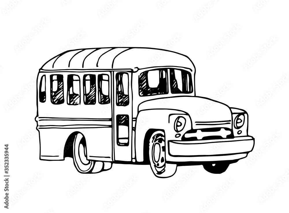 old American travel or school bus of the 70s, vector illustration with ...