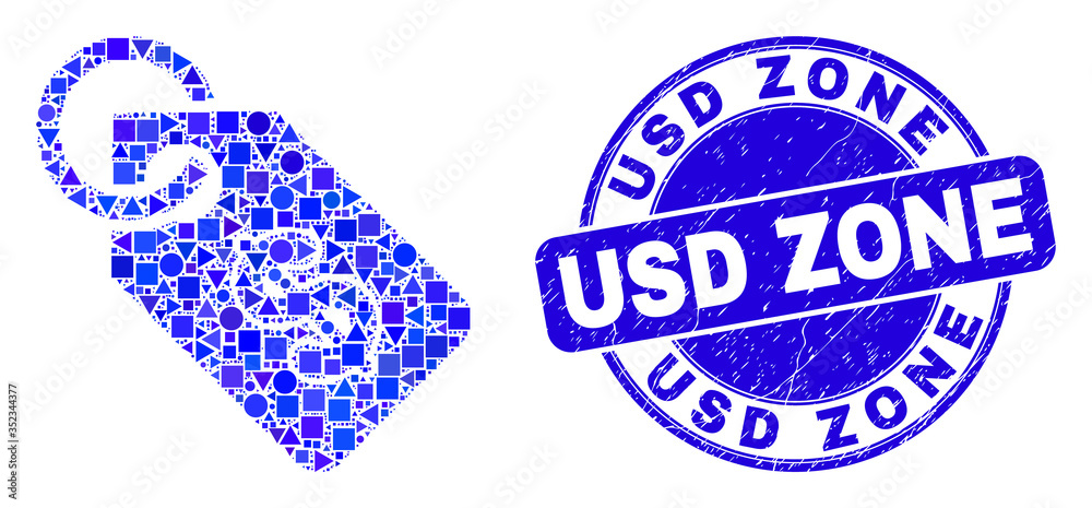 Geometric price tag mosaic pictogram and USD Zone seal stamp. Blue ...
