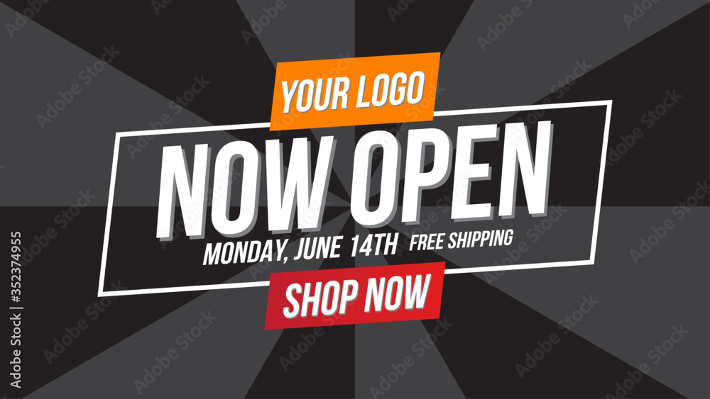Now open shop or new store red and orange color sign on black ...