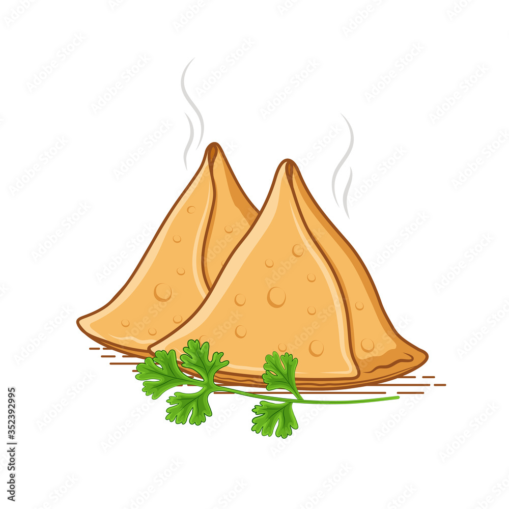 samosa vector illustration with green coriander leaves Stock Vector ...
