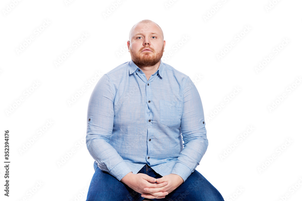 Sad fat red man with a beard. The problem of excess weight. Isolated on ...