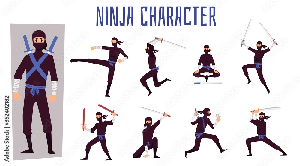 Cartoon ninja warrior character set in different fighting positions ...
