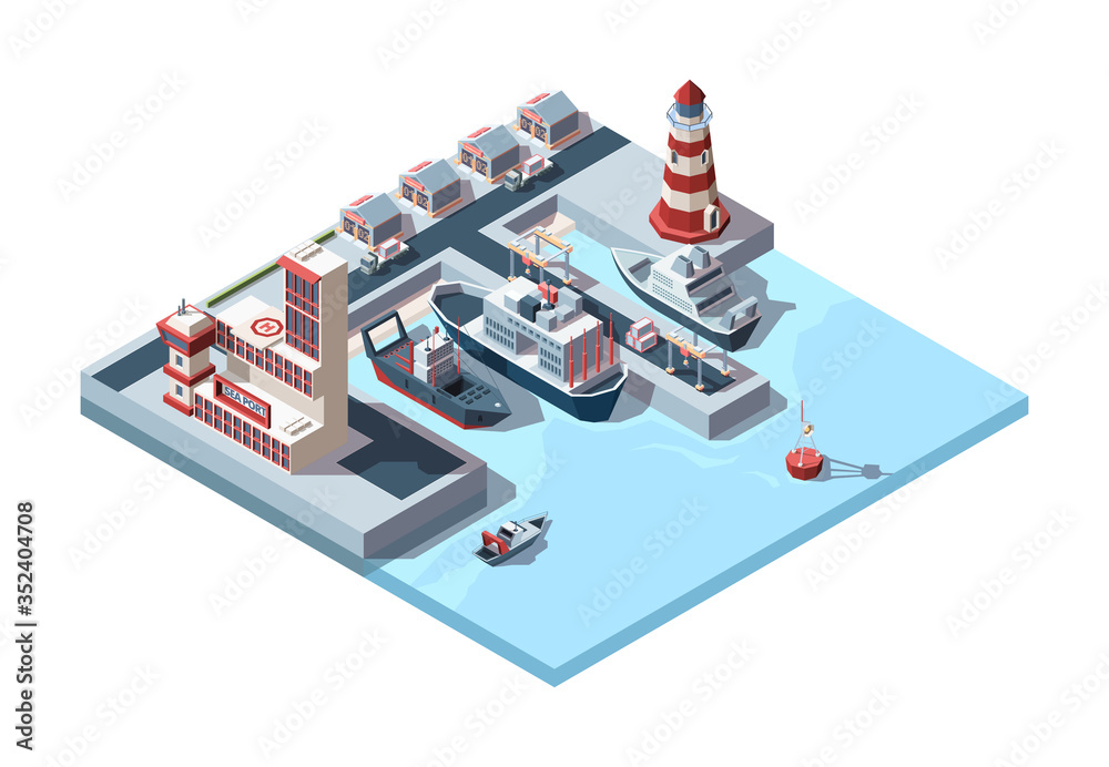 Seaport isometric industrial. Logistics illustration of international ...