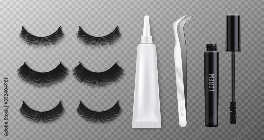 False eyelashes kit with clue, realistic mockup vector illustration ...