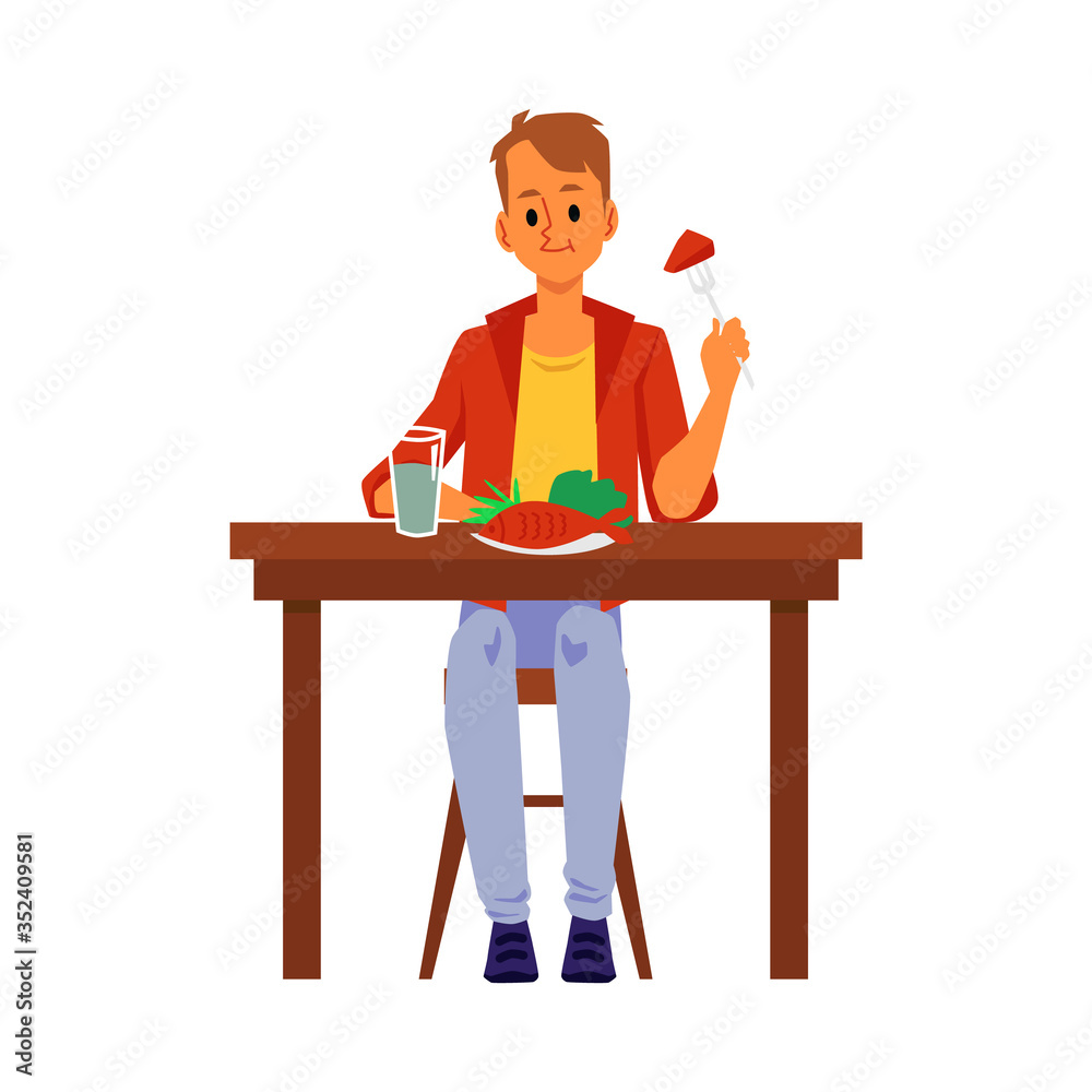 Cartoon man eating healthy food meal - fish and green vegetables. Stock ...