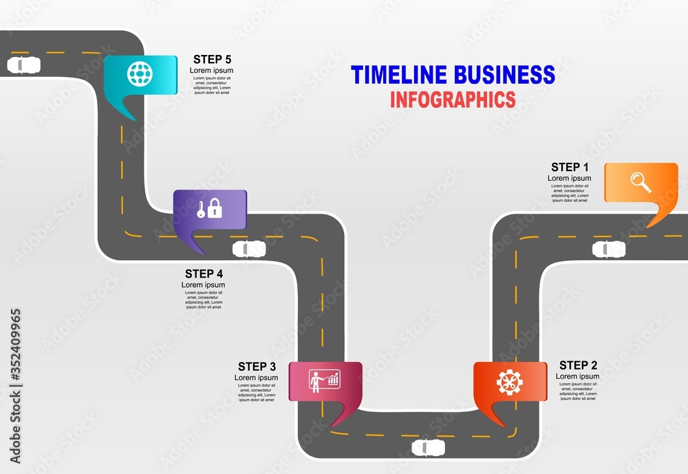 Vector template infographic Timeline of business operations with flags ...
