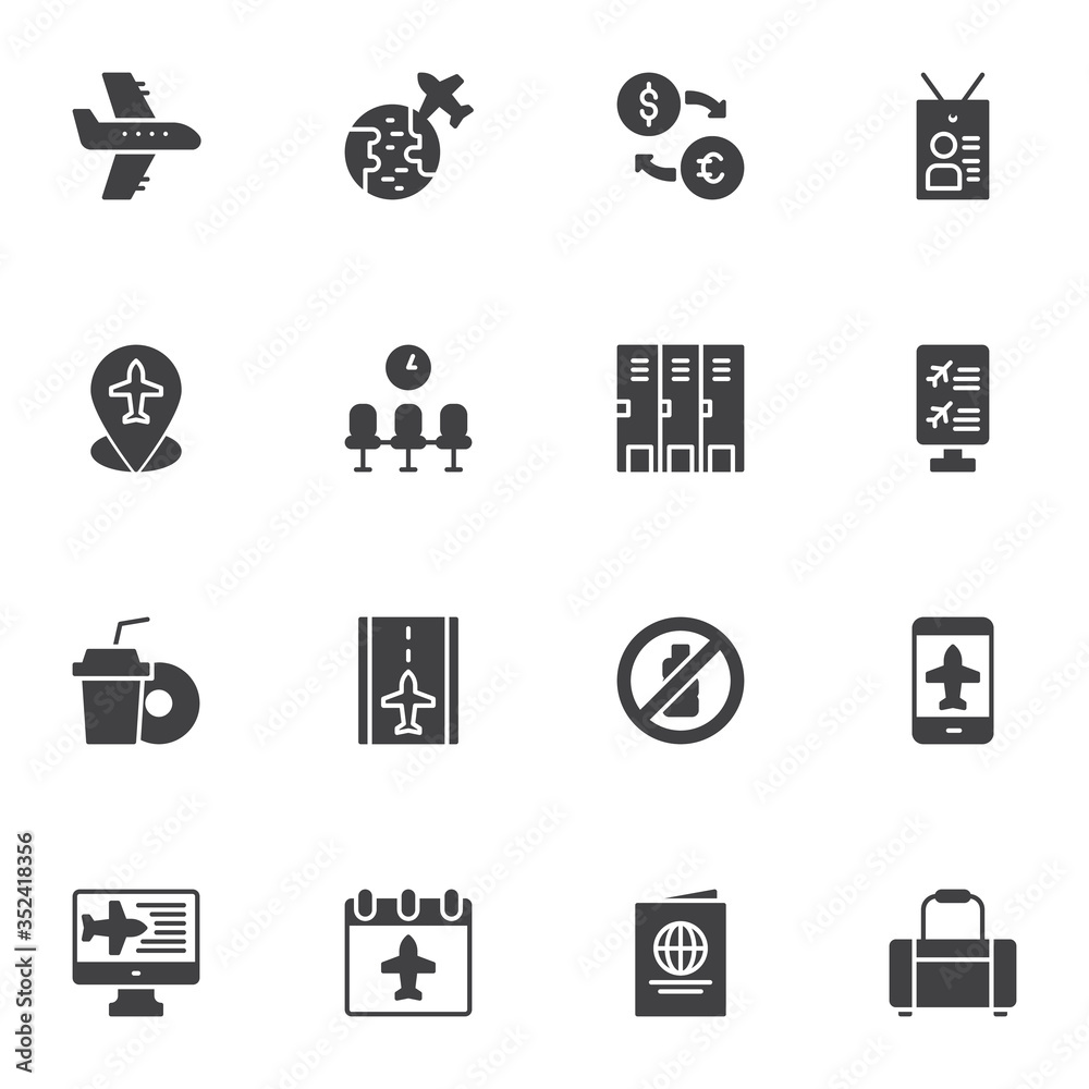 Airport vector icons set, modern solid symbol collection, filled style ...