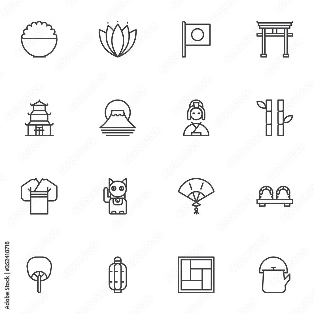 Japanese culture line icons set, outline vector symbol collection ...