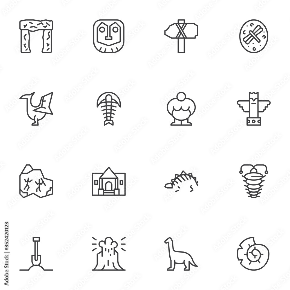 Archaeological excavations line icons set, outline vector symbol ...