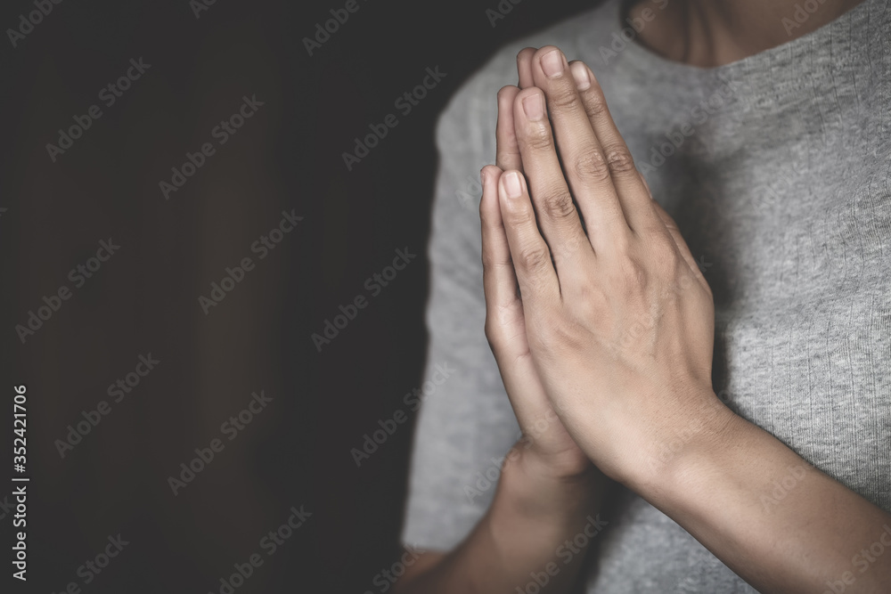 Pay respect, woman Praying hands with faith in religion. Namaste or ...