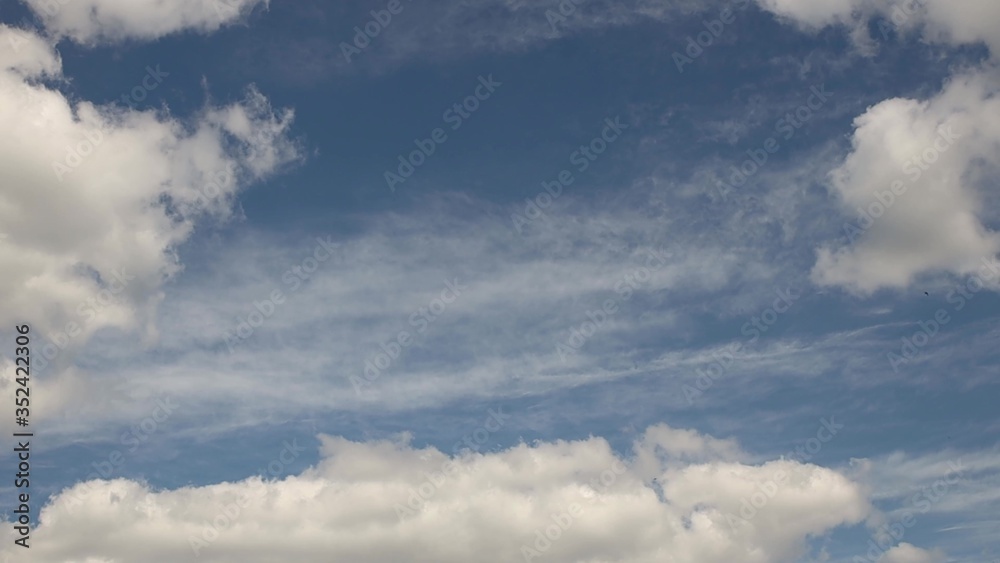 Clear blue sky with cumulus clouds that stand still and cirrus clouds ...