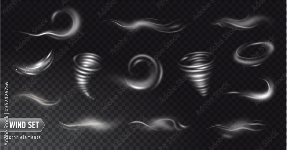 Vector realistic set of high detailed wind or dust cloud isolated on ...