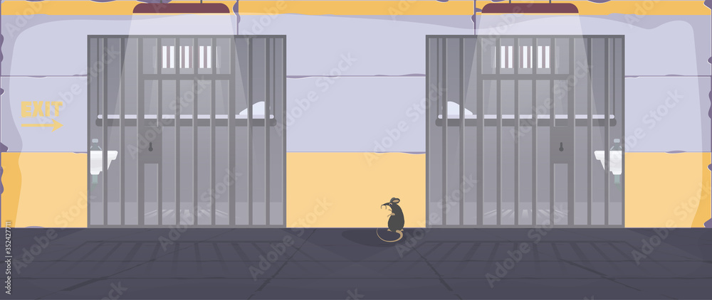 Prison cell. A prison cell with a metal grate. Prison in cartoon style ...