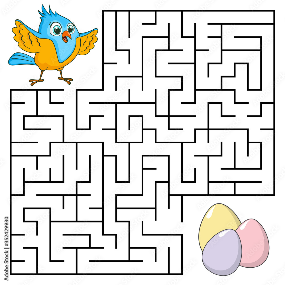 Square maze for kids with cartoon Bird. Find right way to the Eggs ...