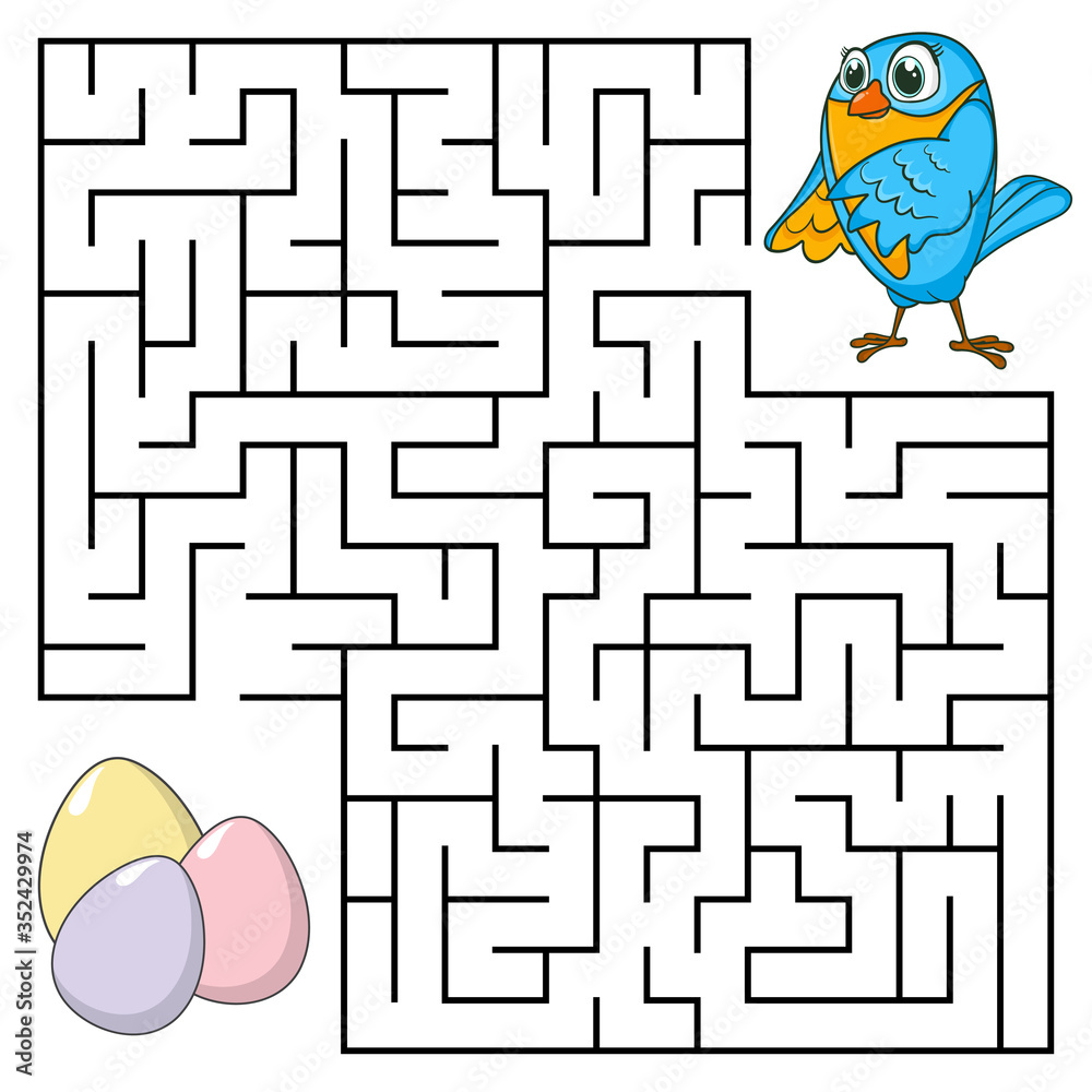 Square maze for kids with cartoon Bird. Find right way to the Eggs ...