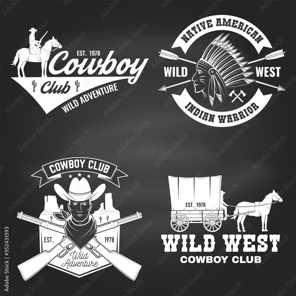 Set of cowboy club badge on chalkboard. Wild west. Vector. Concept for ...