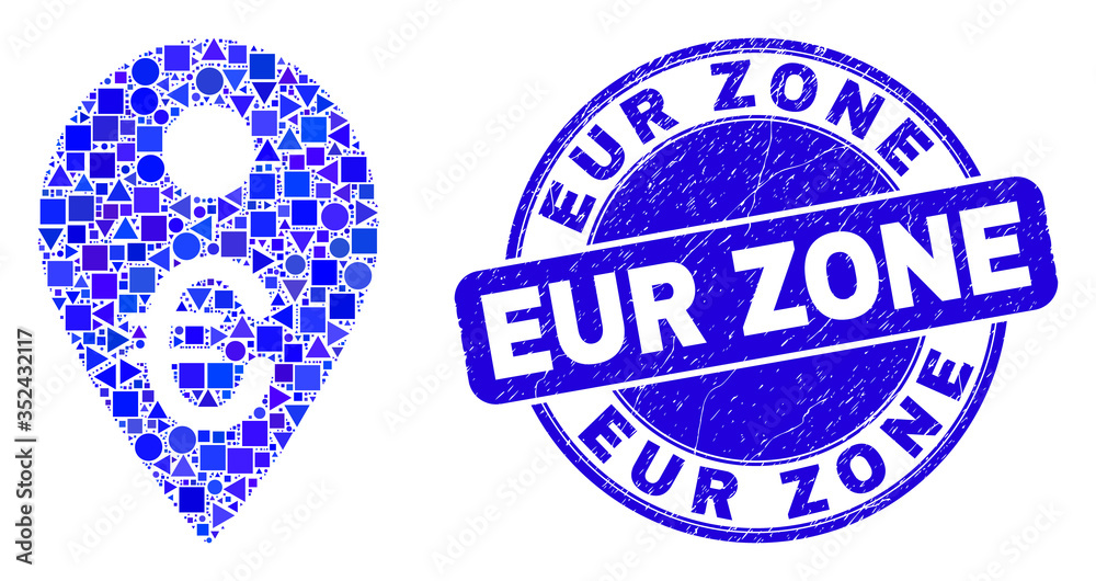 Vecteur Stock Geometric euro map marker mosaic pictogram and EUR Zone watermark. Blue vector ...
