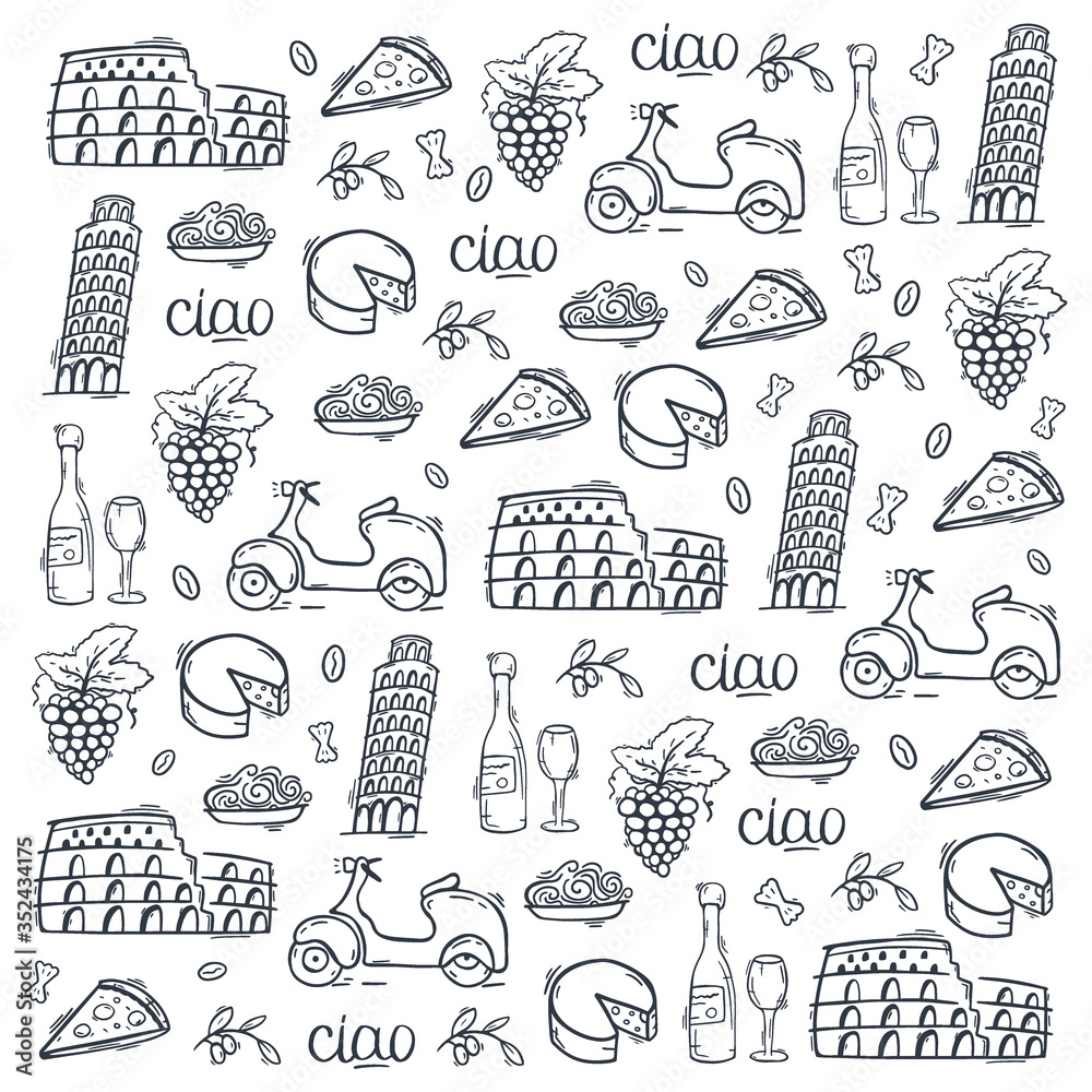Cartoon cute hand drawn Italian travel background. Vector illustration ...