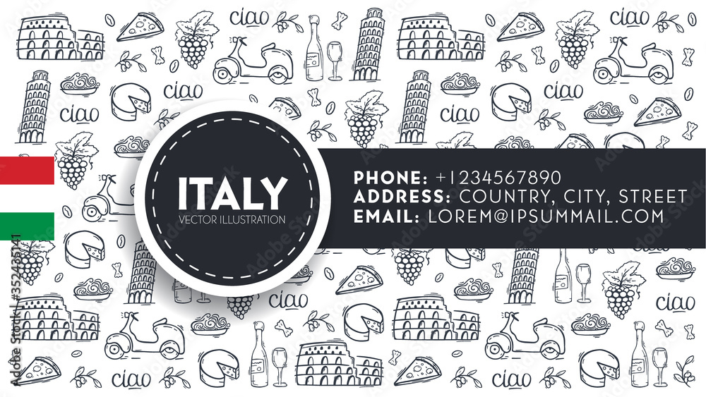Cartoon cute hand drawn Italian travel background. Vector illustration ...