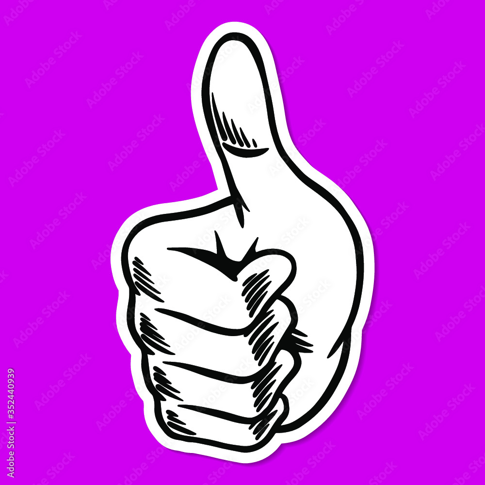 Thumbs up outline sticker overlay with a white border on a magenta pink ...