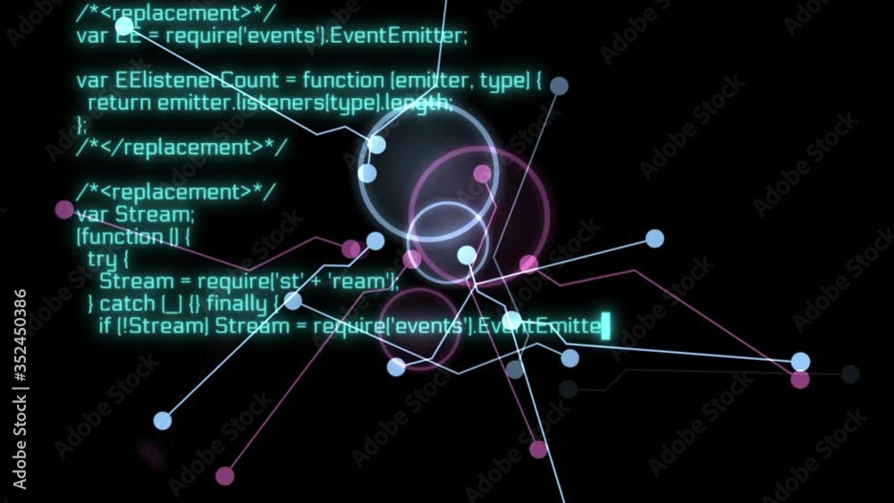 animation with futuristic HUD interface and Hacker code running down a computer screen terminal ...