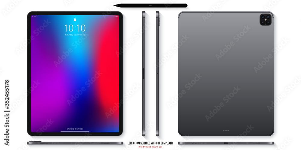 tablet grey color with colored touch screen saver and stylus top view ...