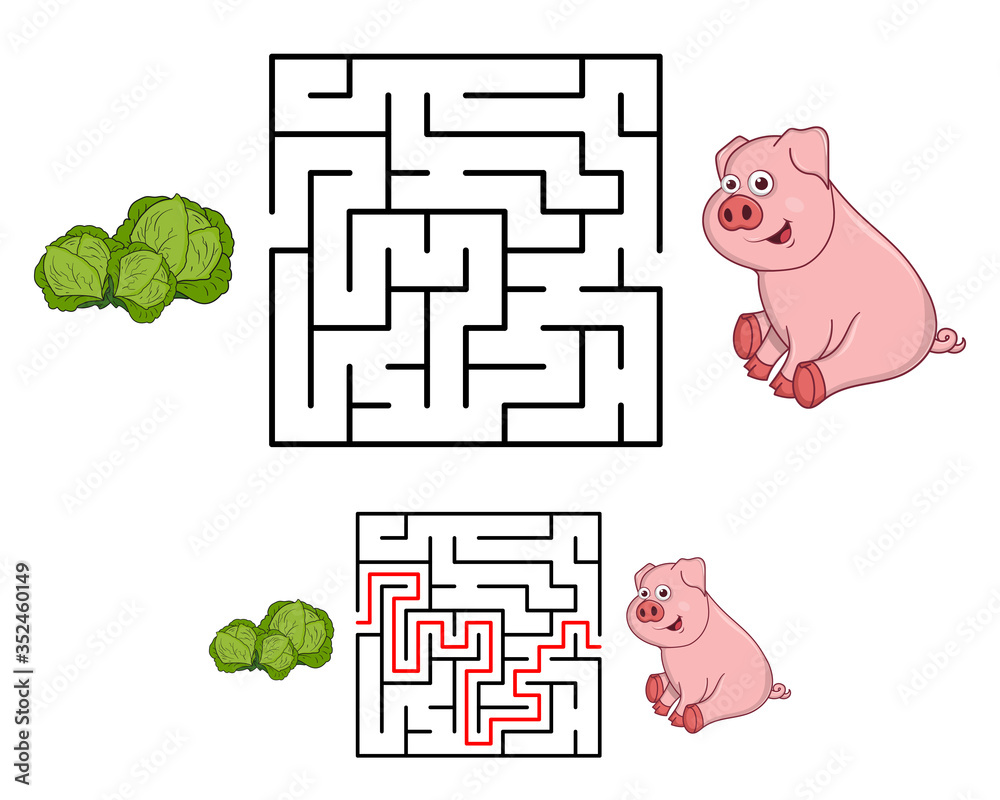 Maze or Labyrinth for Children with Cartoon Pig and Cabbage. Find right ...