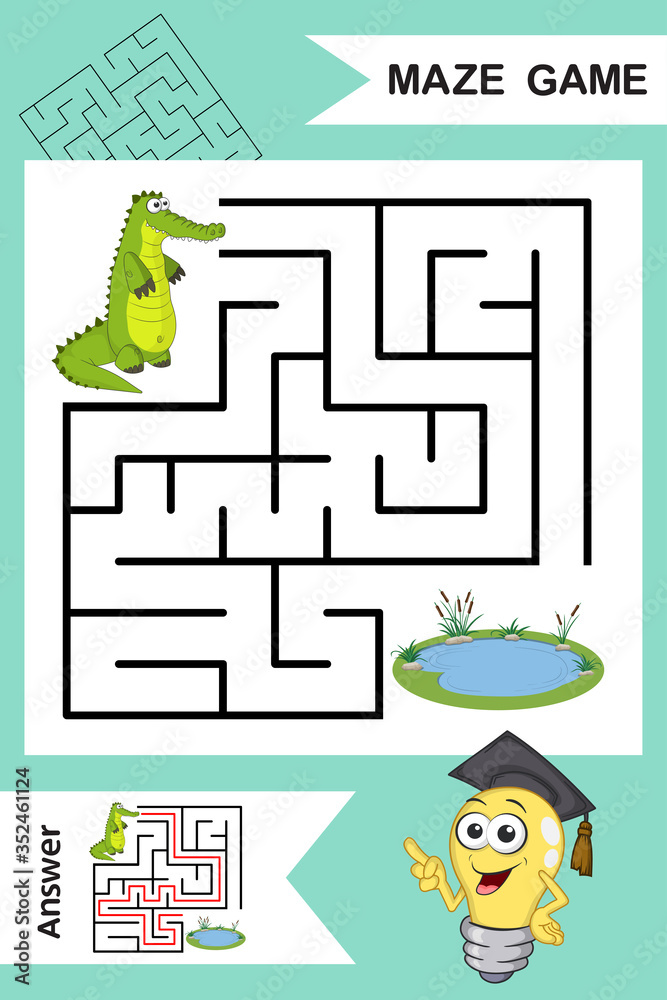 Simple Labyrinth with fun Alligator isolated on colorful background ...