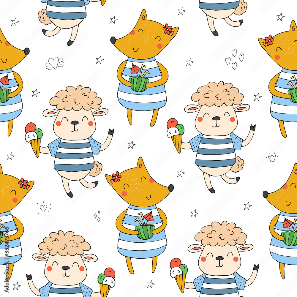 Cute little sheep and fox in cartoon style. Vector pattern Stock Vector ...