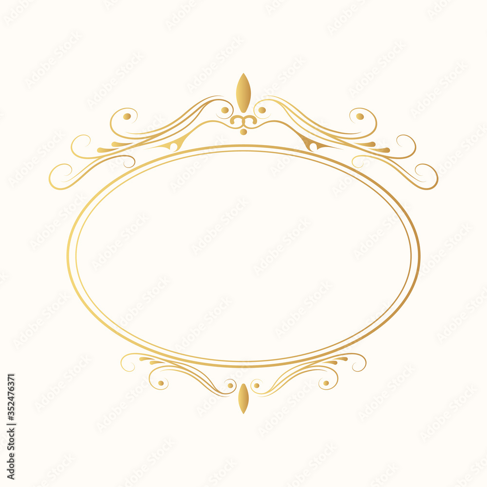 Hand drawn golden oval luxury frame. Gold filigree round border. Vector ...