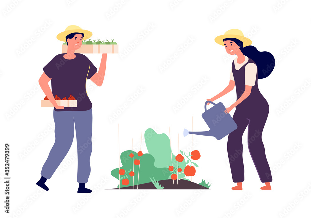 Flat farmers. Agricultural workers, fruits vegetables family farm ...