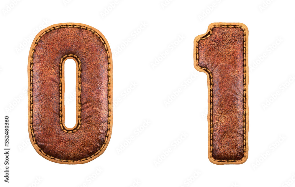Set of numbers 0, 1 made of leather. 3D render font with skin texture ...
