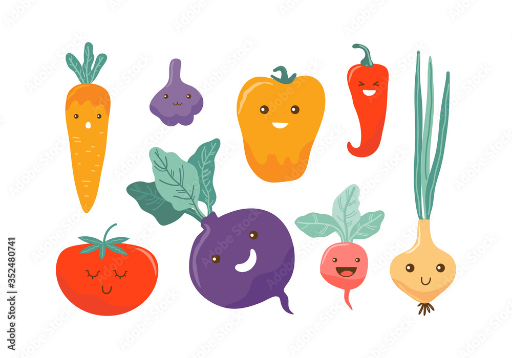 Cute colored cartoon vegetable characters. Funny kawaii food characters ...