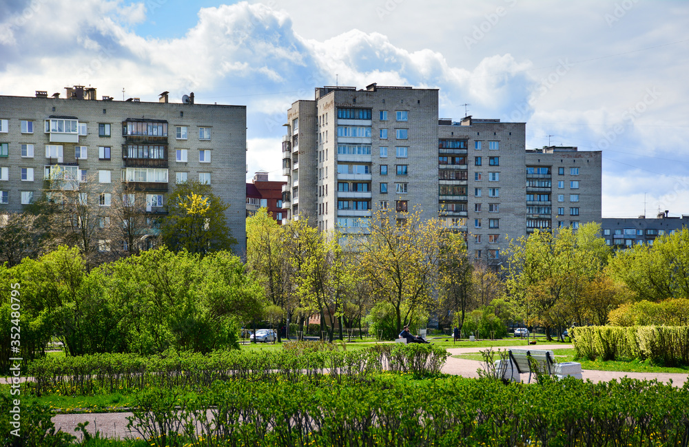 Typical Soviet apartment blocks in Saint Petersburg, Russia. These nine ...