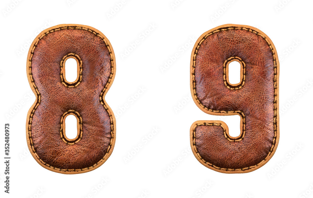 Set of numbers 8, 9 made of leather. 3D render font with skin texture ...