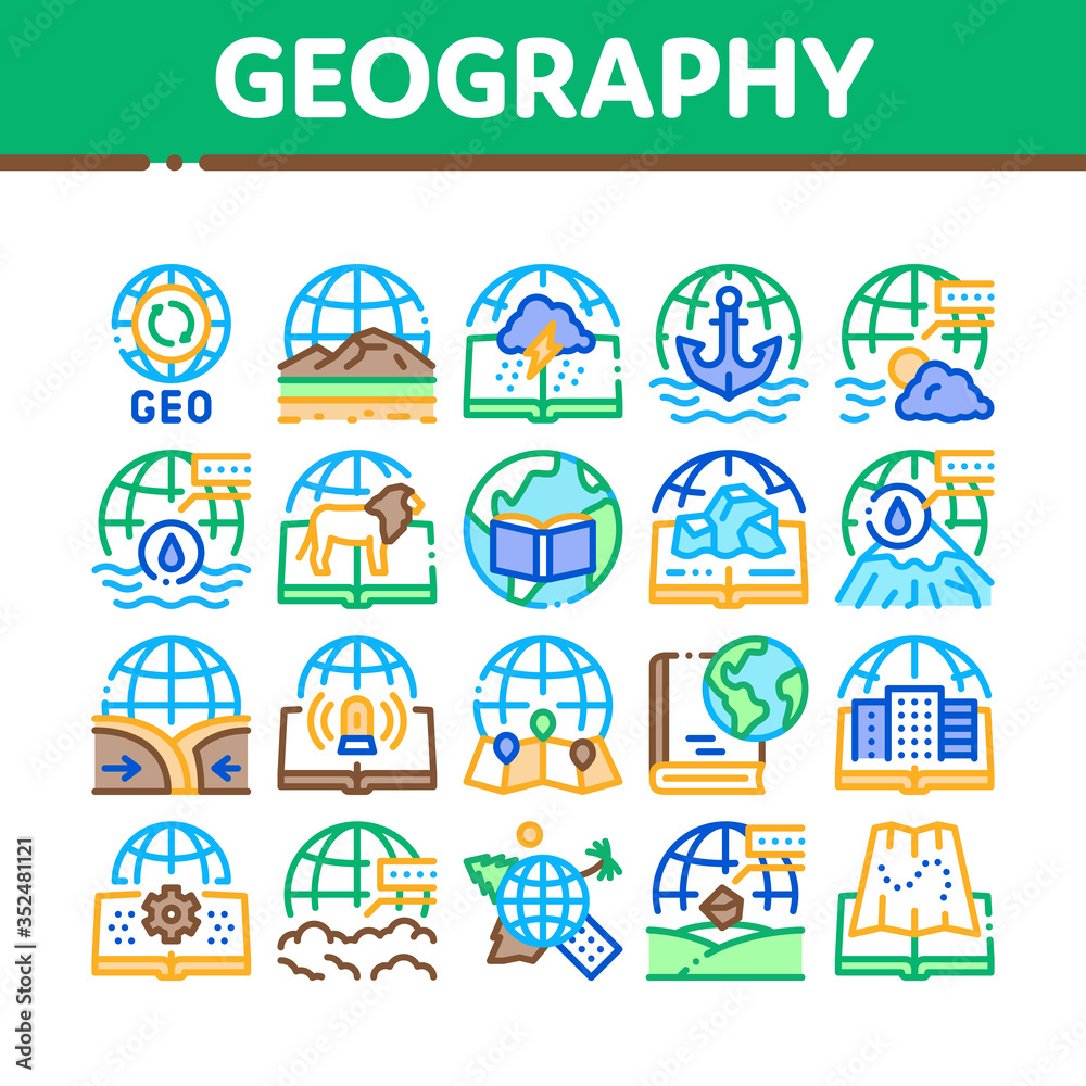 Geography Education Collection Icons Set Vector. History And Urban ...