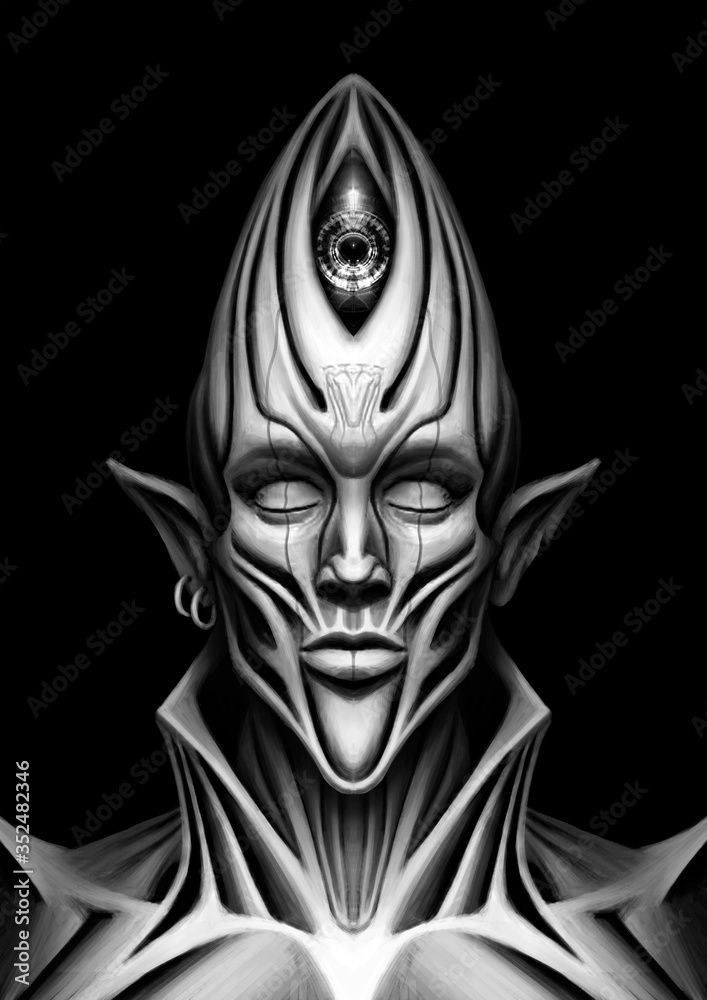 Fantasy character close up, alien, space elf, humanoid, with big eye on his forehead, long ...