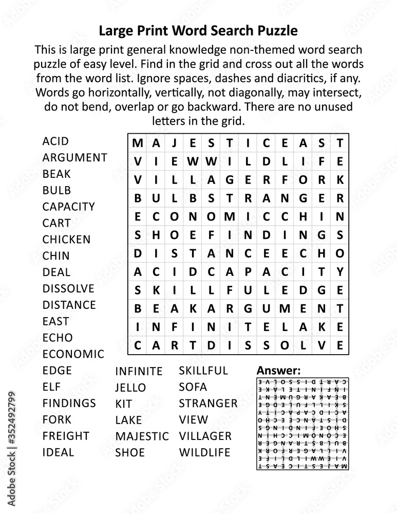 Large print general knowledge word search puzzle (words ACID - WILDLIFE ...